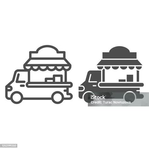 키오스크 라인과 단단한 아이콘이 있는 자동차 스트리트 푸드 컨셉 화이트 배경의 푸드 트럭 사인 모바일 컨셉과 웹 디자인을 위한 윤곽 스타일이 있는 바퀴 달린 커피 카 벡터