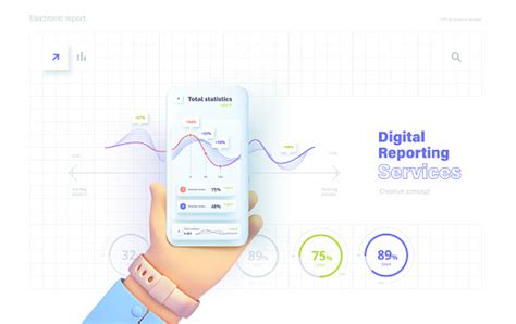 성장 지표 손이 전화를 들고 있습니다 데이터 분석 및 회계를 위한 모바일 애플리케이션 파일 관리 전자 보고서 3d 스타일의 벡터 일러스트레이션 3차원 형태에 대한 스톡 벡터