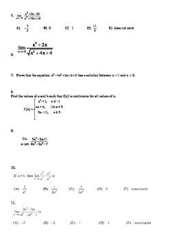 Limits Unit Review AP Calculus Multiple Choice Questions With KEY
