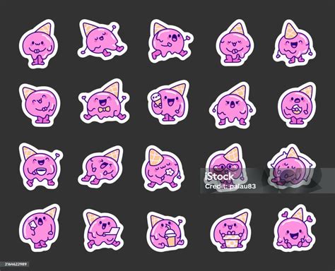 귀여운 녹는 아이스크림 캐릭터 스티커 책갈피 재미있는 얼굴을 가진 사랑스러운 만화 디저트 손으로 그린 스타일입니다 벡터 그리기