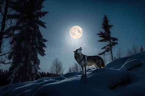 Lobo Aullando En Luna Llena En Bosque De Invierno Nevado Stock De
