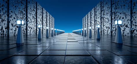 당신의 제품을 위한 복도 네온 레이저 기술 배경 미래 지향적인 배경 미래 지향적 인 복도 격납고 차고 금속 Led 조명 전시실 터널 3d 렌더링 가구에 대한 스톡 사진 및