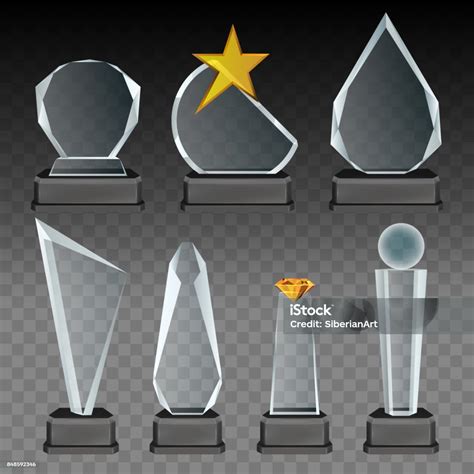 벡터 유리 투명 한 트로피와 상 세트 트로피에 대한 스톡 벡터 아트 및 기타 이미지 트로피 상 상패 Istock