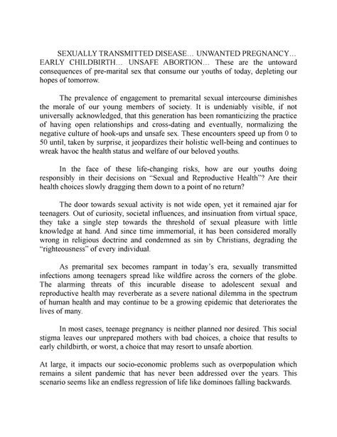 Early Engagement OF Adolescents TO Sexual Intercourse SEXUALLY TRANSMITTED DISEASE