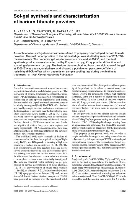 Pdf Sol Gel Synthesis And Characterization Of Barium Titanate Powders