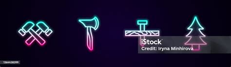 세트 라인 크로스 망치 나무 도끼 금속 손톱과 나무 빛나는 네온 아이콘 벡터 횡단에 대한 스톡 벡터 아트 및 기타 이미지