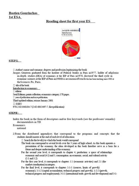Reading Sheet Introduction To The Economy By Jacques Généreux By