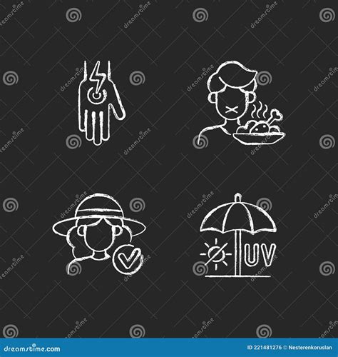 Sunstroke And Sunburn Chalk White Icons Set On Dark Background Stock Vector Illustration Of