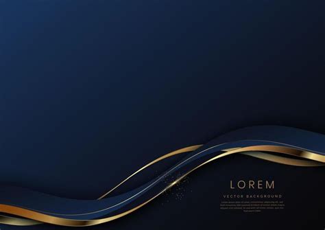 Abstract 3d Dark Blue Background With Ribbon Gold Lines Curved Wavy Sparkle With Copy Space For