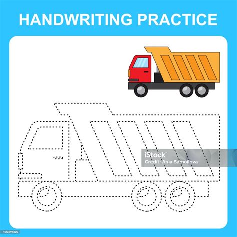 필기 연습 선을 추적하고 덤프 트럭에 색을 칠하십시오 교육 아이 게임 색칠 공부 시트 시트 인쇄 가능한 워크 시트 벡터 일러스트