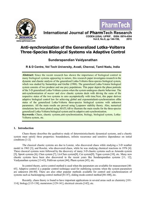 Pdf Anti Synchronization Of The Generalized Lotka Volterra Three Species Biological Systems