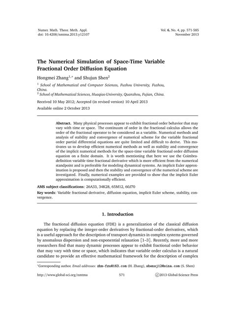 Global Science Press The Numerical Simulation Of Space Time Variable Fractional Order Diffusion
