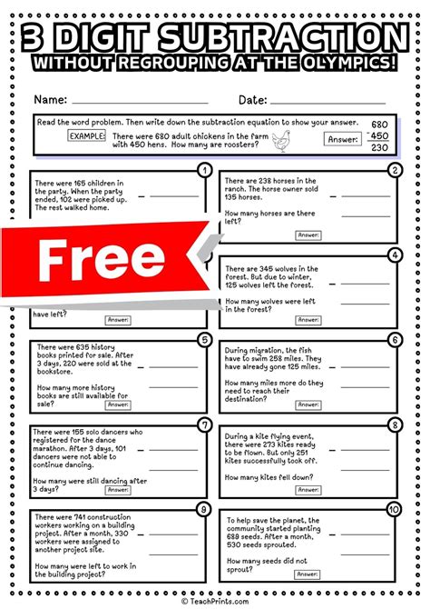 3 Digit Subtraction Without Regrouping Worksheets Teach Prints