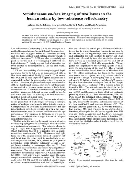 Pdf Simultaneous En Face Imaging Of Two Layers In The Human Retina By Low Coherence