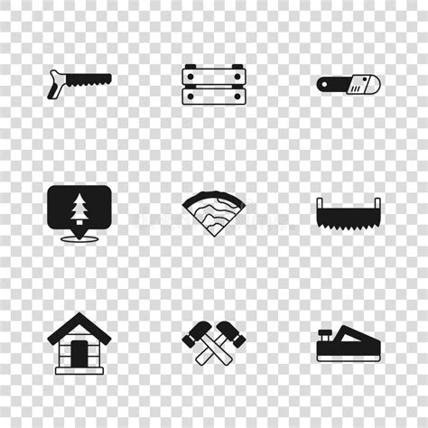 Set Crossed Hammer Two Handed Saw Wood Plane Tool Wooden Beam Chainsaw Hand Box And