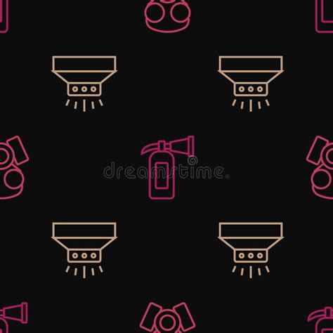 Set Line Gas Mask Fire Sprinkler System And Extinguisher On Seamless Pattern Vector Stock