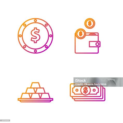세트 라인 스택 종이 돈 현금 골드 바 달러 기호와 동전 과 동전 지갑 그라데이션 색상 아이콘입니다 벡터 0명에 대한 스톡 벡터 아트 및 기타 이미지 Istock