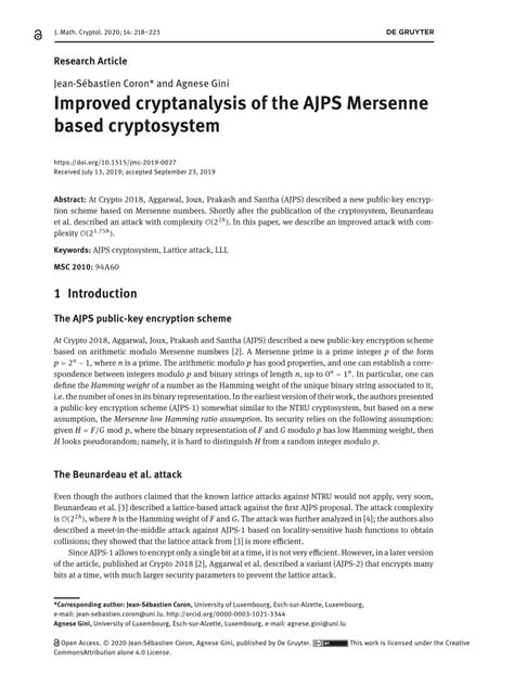Pdf Improved Cryptanalysis Of The Ajps Mersenne Based Cryptosystem