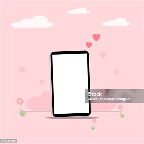 벡터 일러스트 레이 션 휴대 전화 빈 흰색 화면 정원 핑크 연인 배경 발렌타인 개념 감정에 대한 스톡 벡터 아트 및 기타 이미지