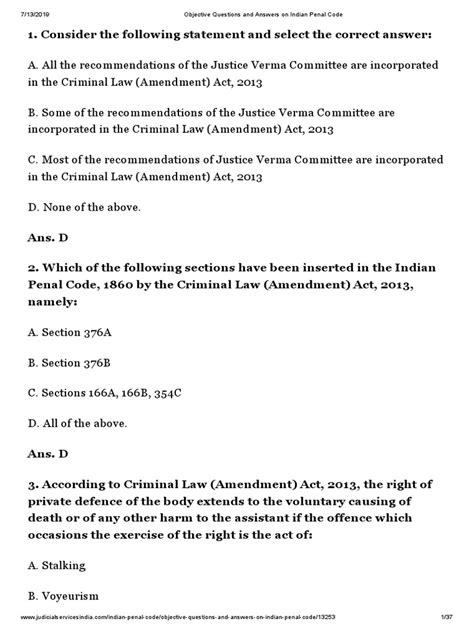 Mcq Ipc Pdf Fine Penalty Crime And Violence