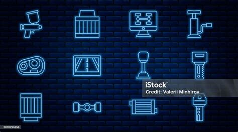 리모컨이 있는 라인 자동차 키 자동차의 진단 상태 Gps 장치 지도 헤드라이트 페인트 스프레이 건 기어 시프터 및 에어 필터 아이콘이 있습니다 벡터 교통수단에 대한 스톡