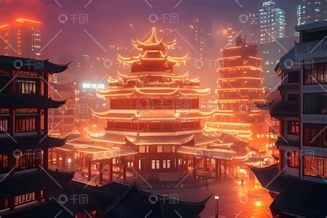 公园ai数字艺术 公园中国风3d渲染传统建筑现代高楼夜景插画 Ai图片免费下载png格式4032像素编号71935476 千图网