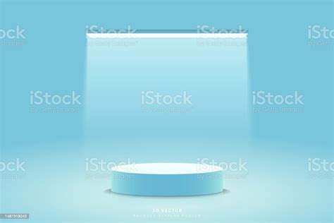 파란색 실린더 연단 받침대가 있는 3d 배경은 현실적이고 빛나는 네온 조명 직사각형 모양의 튜브입니다 모형을 위한 최소한의 벽
