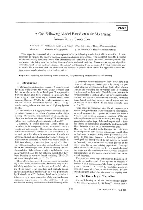 Pdf A Car Following Model Based On A Self Learning Neuro Fuzzy Controller