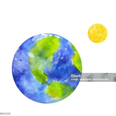 지구 푸른 행성 태양계 위성 노란 달 코스모스 공간 클립 아트 손으로 흰색 배경에 분리된 수채화 그림을 그립니다 디자인 요소 엽서 포스터 로고 0명에 대한 스톡 벡터 아트