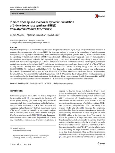 Pdf In Silico Docking And Molecular Dynamics Simulation Of 3 Dehydroquinate Synthase Dhqs