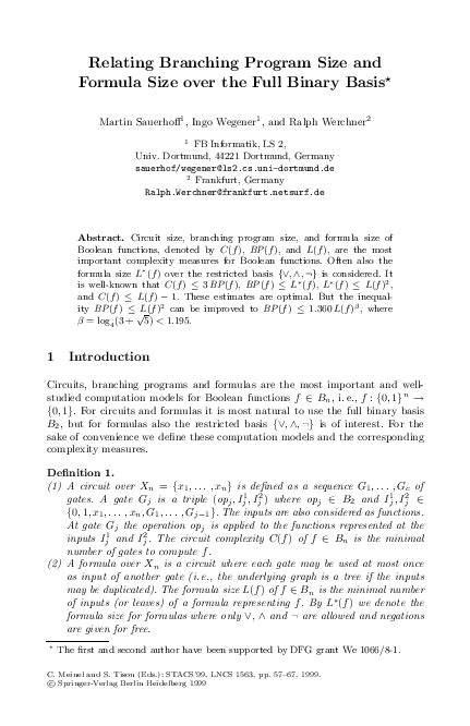 Pdf Relating Branching Program Size And Formula Size Over The Full Binary Basis