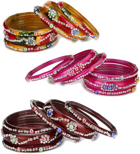 Buy Somi Glass Bangle Cum Kada Ornamented With Colorful Chips Set Of Three Matching And Trendy