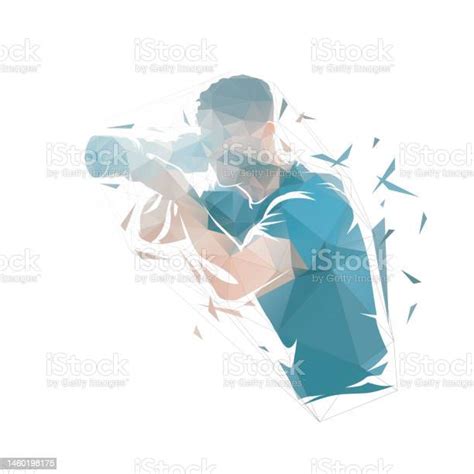 카메라를 가진 사진 작가 낮은 다각형 벡터 그림 남자는 사진 삼각형에서 고립 된 기하학적 벡터 드로잉 측면보기를 찍는다 사진