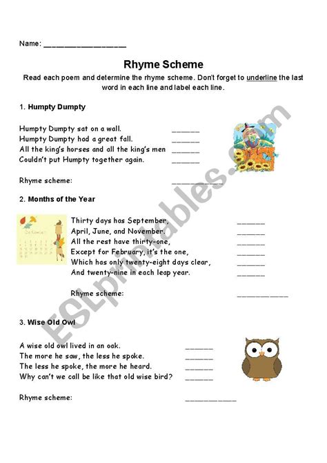 Rhyme Scheme ESL Worksheet By Mrsrubinrhs