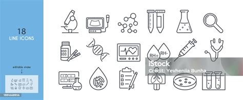 임상 시험 연구 연구 라인 아이콘 세트입니다 의료 실험실 현미경 시험관 원심 분리기 초음파 기계 혈액 청진기 Dna 유전자 분석 붉은털 인자 편집 가능한 획 Dna에 대한