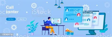 사람 캐릭터가 있는 콜센터 방문 페이지입니다 온라인 핫라인 및 헬프데스크 웹 배너 고객 지원 서비스 벡터 일러스트레이션 Brand Name Online Messaging