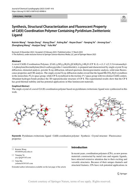 Synthesis Structural Characterization And Fluorescent Property Of Cd Ii Coordination Polymer