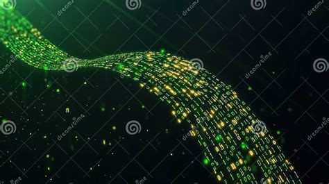 Green And Yellow Binary Code Flowing In Stream On Dark Background