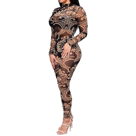 Tribal Tattoo Print Mesh Sheer Jumpsuit Women Autumn Sexy See Through