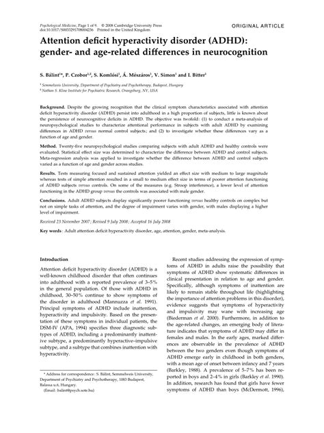 Pdf Attention Deficit Hyperactivity Disorder Adhd Gender And Age Related Differences In
