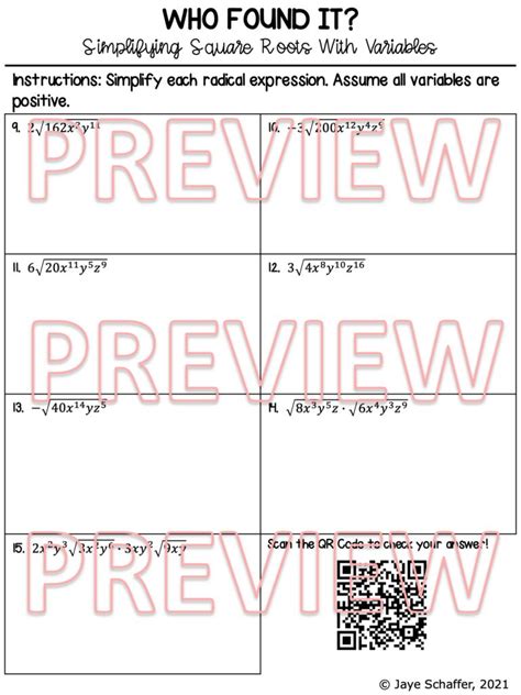 Simplifying Square Root Radicals With Variables Clue Mystery Activity Made By Teachers