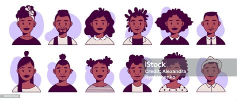 아프리카 계 미국인 웃는 얼굴 다른 헤어 스타일과 의상을 가진 젊은 남성과 여성의 컬러 핸드 그린 벡터 아바타 아바타 플랫 디자인 아이콘 사람들 아이콘입니다 흰색 배경에