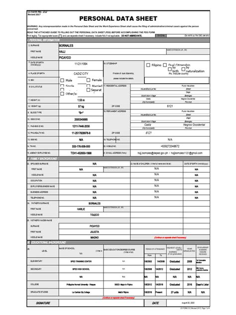 Cs Form No 212 Personal Data Sheet Revised Pdf