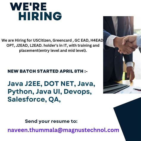 Naveen Thummala On Linkedin We Are Hiring For Uscitizen Greencard Gc Ead H4ead Opt J2ead