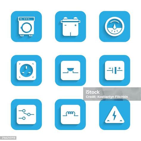 전자 회로 인덕터 고전압 Dc 소스 스위치 전기 콘센트 미터 및 와셔 아이콘의 부저를 설정합니다 벡터 0명에 대한 스톡 벡터 아트 및 기타 이미지 Istock