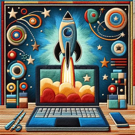Felt Art Patchwork Sleek Rocket Blasting Off From An Open Laptop Screen Symbolizing A Startup