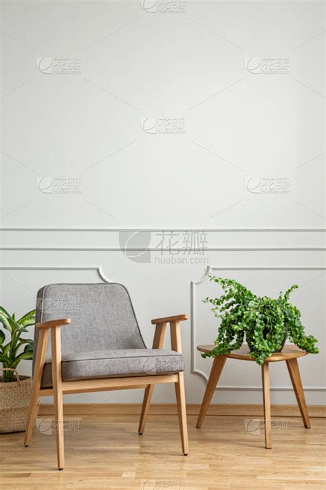 留白 植物 扶手椅 灰色 桌子 木制 室内 起居室 摄影 写实