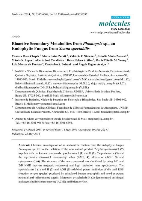 Pdf Bioactive Secondary Metabolites From Phomopsis Sp An Endophytic Fungus From Senna