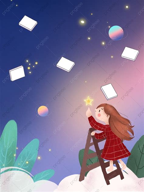 손으로 만화를 그리다 아름다운 별이 하늘로 점차 변하다 배경 일러스트 소녀가 별을 따다 손으로 그린 만화 기발한 일러스트 Pngtree 로열티 무료