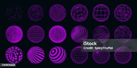 추상 선 3d 그림 그리드 도트 글로브 모양 폭발 공간 구체 둥근 분자 입자 네온 퍼플 동심원 네트워크 연결 기하학적 아이콘입니다 벡터 요소 세트 구에 대한 스톡 벡터 아트